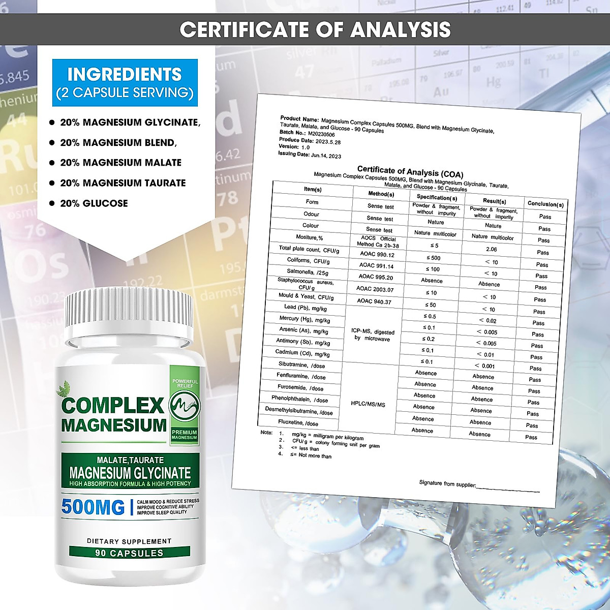 M inch Magnesium Complex Capsules 500MG Blend with Glycinate L-threonate Taurate Malate and Glucose - 90