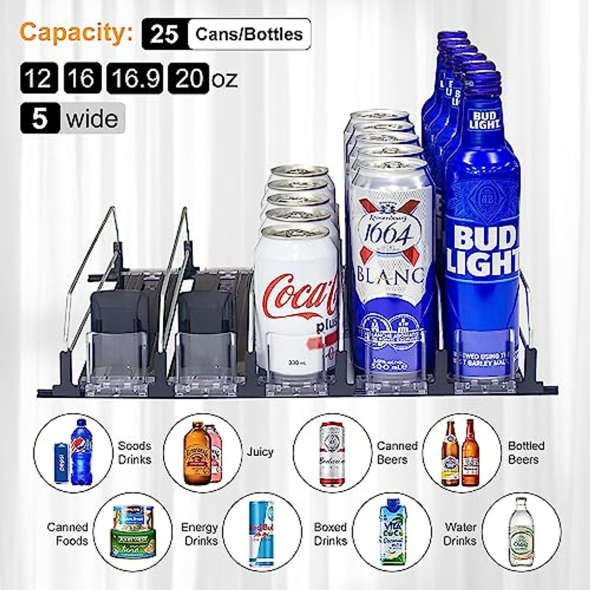 Mlesi Drink Organizer for Fridge | Refrigerator Bottle Can Organizer, Self-Pushing Soda Can Dispenser Holds 25 Cans, Beverage Storage for Pantry/Vending Machine