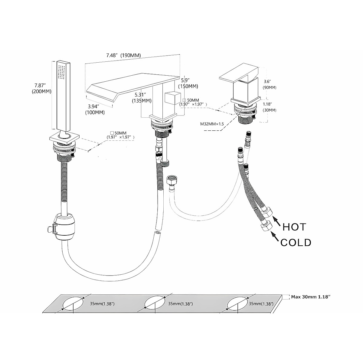 Modern Roman Tub Faucet with Hand Shower, Deck Mount Tub Filler Bathtub Faucet with Sprayer, Single Handle Bathtub Faucet Set, Widespread 3 Hole Bathtub Faucet (Brushed gold-Wide Spout)