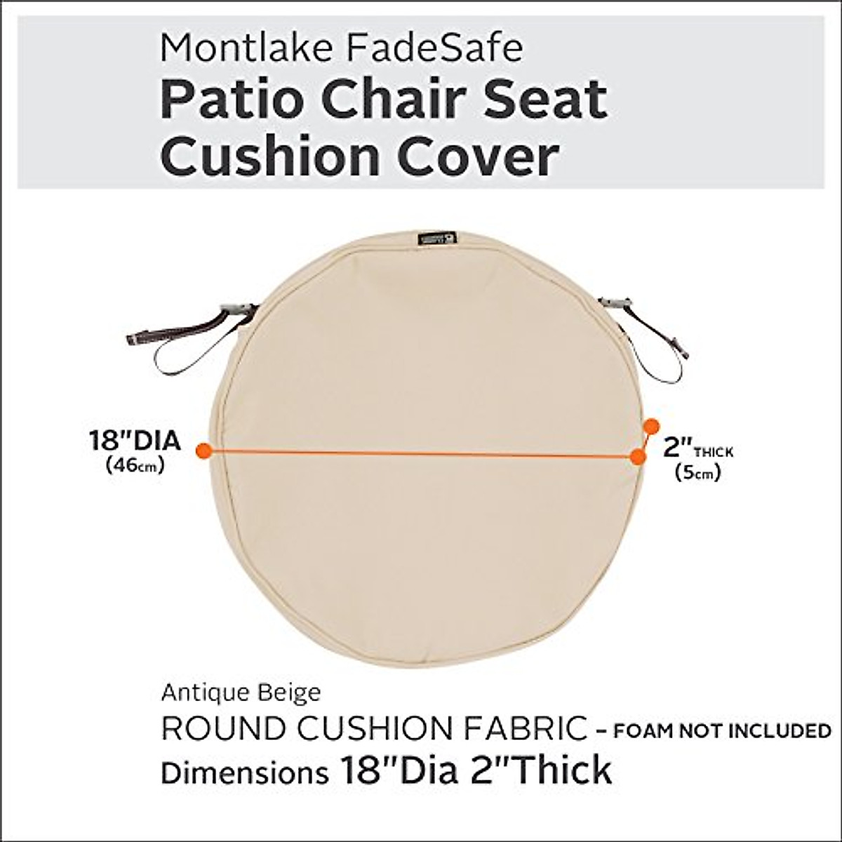 Classic Accessories Montlake FadeSafe Water-Resistant 18 x 2 Inch Round Outdoor Chair Seat Cushion Slip Cover, Patio Furniture Cushion Cover, Antique Beige, Patio Furniture Cushion Covers