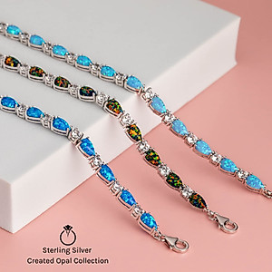 PEORA 10 Carats Created White Fire Opal Teardrop Tennis Bracelet for Women 925 Sterling Silver, Pear Shape 8x5mm, 7.25 inch length