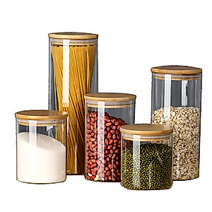 Set of 5 Borosilicate Glass Jars with Bamboo Lids, Glass Food Storage Containers Set, Airtight Sealable Containers for Sugar Candy Cookie Rice and Spice Jars