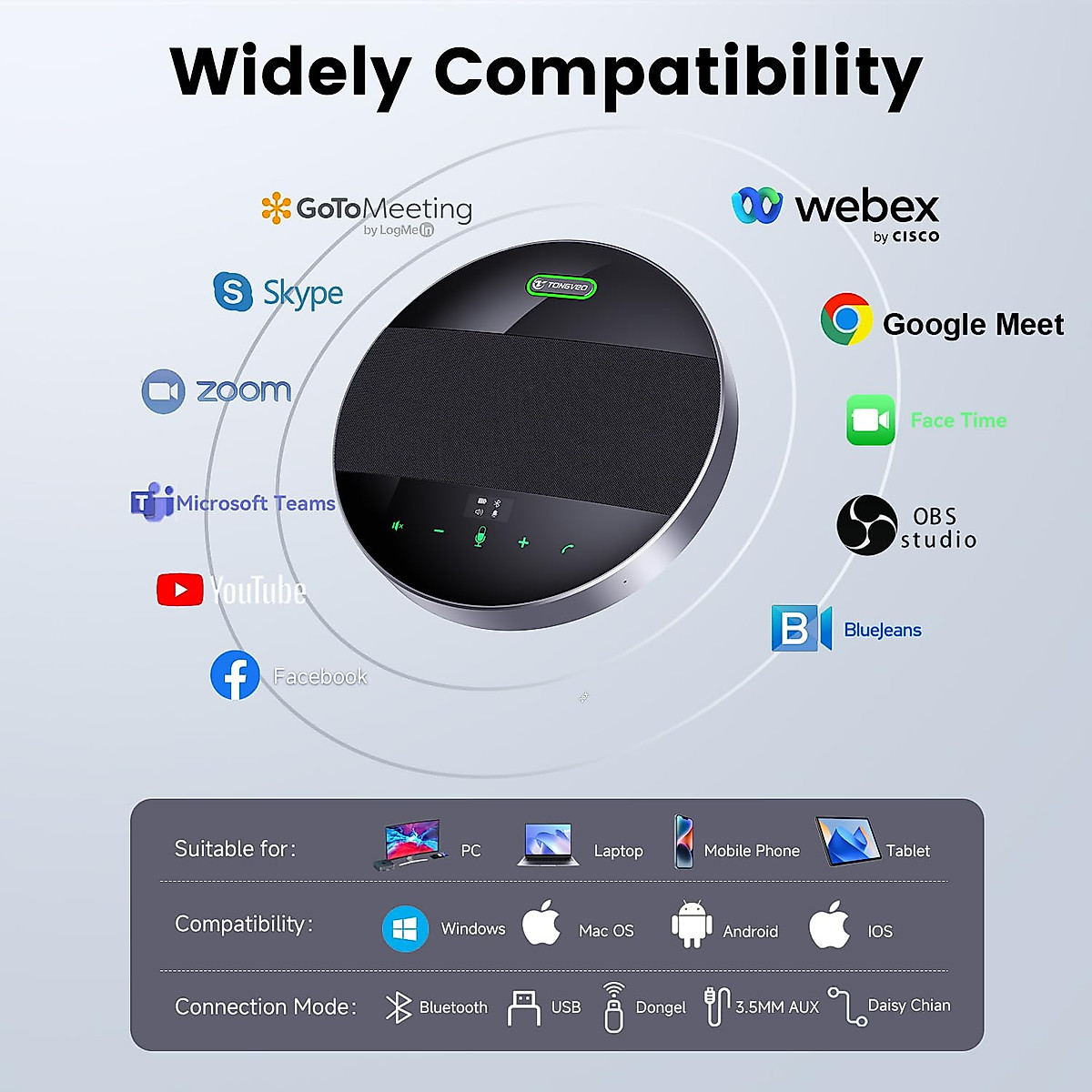 TONGVEO Bluetooth Speakerphones Conference Microphone,2 in 1 Daisy Chain Conference Speakers with Microphone,360° Voice Pickup Noise Reduction 8 Hour Call Time for up to 20 Attendees Meeting