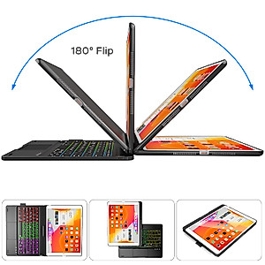 NOKBABO iPad 9th Generation Case with Keyboard 360° Rotatable Touchpad and 7 Color Backlight & Pencil Holder for iPad 9th/8th/7th Gen 10.2 inch & iPad Air 3rd Gen/iPad Pro 10.5 inch - Black