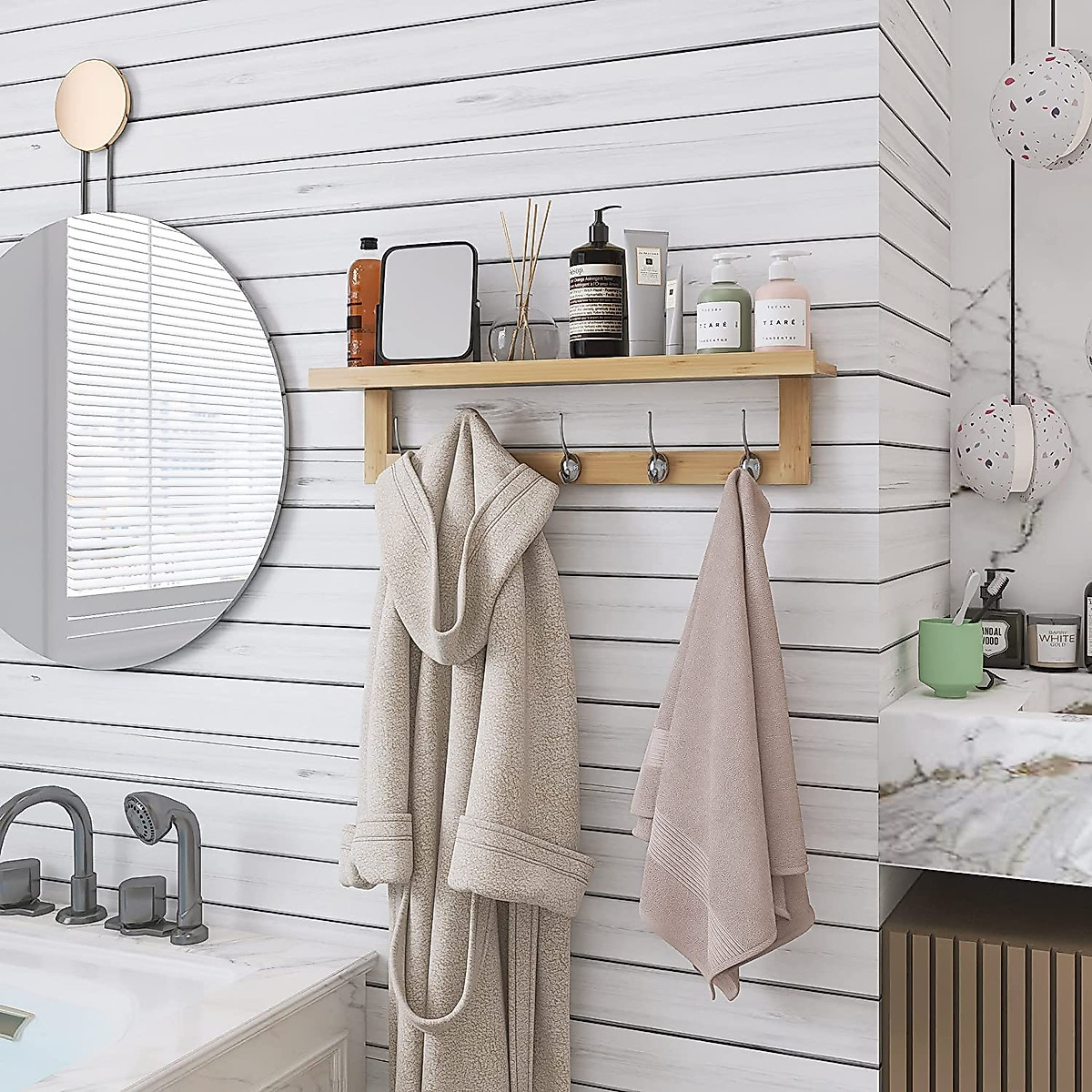 SMIBUY Coat Hooks with Shelf Wall-Mounted, 29.2 Inch Entryway Coat Rack for Wall, Bamboo Hanging Shelf with 5 Double Metal Hooks for Bathroom, Bedroom, Kitchen, Living Room, Mudroom (Natural)