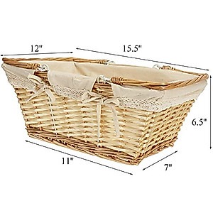 Yesland Wicker Picnic Basket with Liner and Handle, 15.5 x 12 x 6.5 Inches Large Willow Country Picnic Basket/Easter Basket for Bath Toy, Kids Toy Storage, Egg Gathering, Wedding and Candy Gift