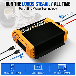 ECO-WORTHY 1100Watt Pure Sine Wave Solar Power Inverter 12V DC to 120V AC with Built-in Dual 18W USB Port, 2*AC Outlets, 1*Hardwire Terminals and 1 * 120A Fuse
