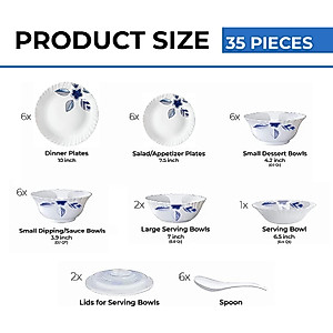 Borosil Gourmet Dinnerware Set For 6, 35 Pieces, White Dinner Plates and Bowls Sets, Chip Resistant Tempered Opal Glass, Stain Resistant, Dishwasher & Microwave Safe Dinner Set For Gifting, Serves 6