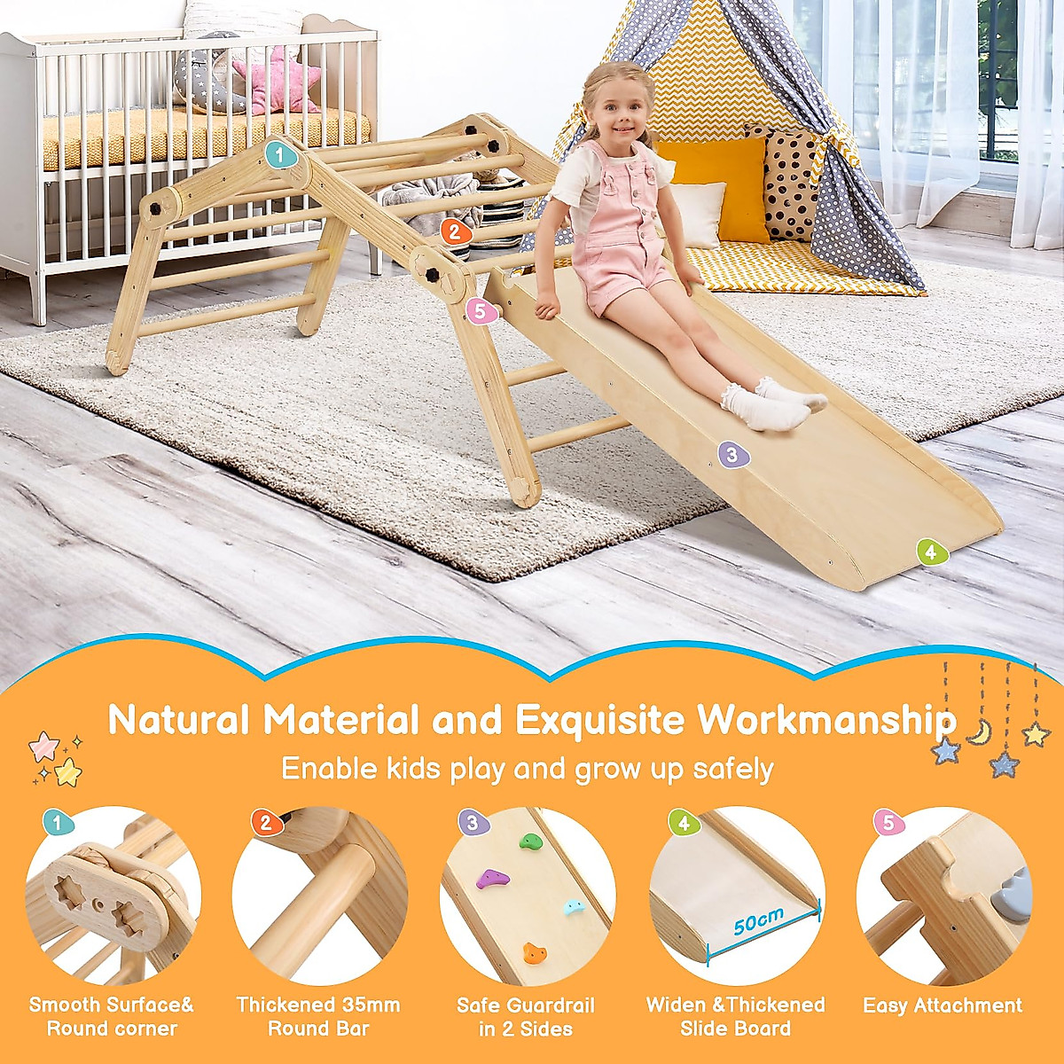 Dripex Pikler Triangle Set, X-Large Climbing Triangle with Reversible Ramp and More Than 20 Playing Modes, Premium Early Learning Montessori Climbing Toys for Toddler Kids