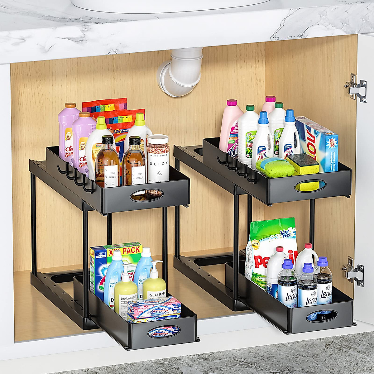 Aojia Double Sliding Cabinet Organizer, Under Sink Organizers and Storage, Pull Out Under Sink Organizer, Under Cabinet Organizer Baskets with 2 Drawers, Under Sink Storage for Bathroom, Kitchen