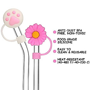 8 Pieces Silicone Straw Tips Cover Reusable Drinking Straw Lids Sunflower Cherry Blossom Rainbow Cat Paw Straw Cap Cover for 6-8 mm Straws Anti-dust Straw Tips Plugs