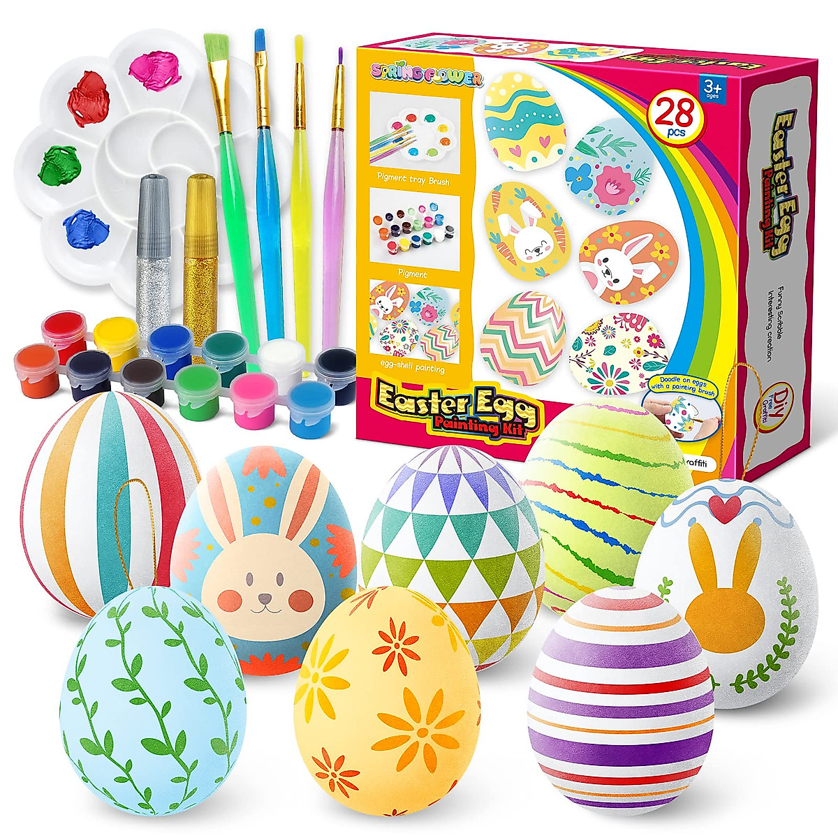 Easter White Eggs Painting Kit-Paintable Hanging Flocking Eggs with Rope, Doodle Kit for DIY Design, Easter Decoration, egg Hunts, Basket Fillers, Easter Gift,28PCS