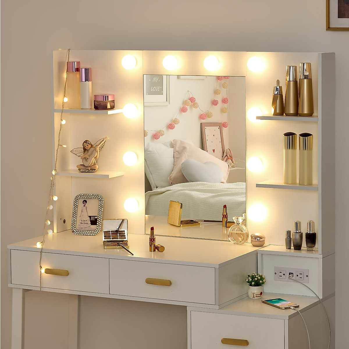 ANWBROAD Makeup Vanity Desk Vanity Set with 10 LED Bulbs Lighted Mirror Makeup Vanity Table Set with Charging Station Nightstand 3 Colors Modes Dimming Cushioned Stool Large Mirror White UBDT53W