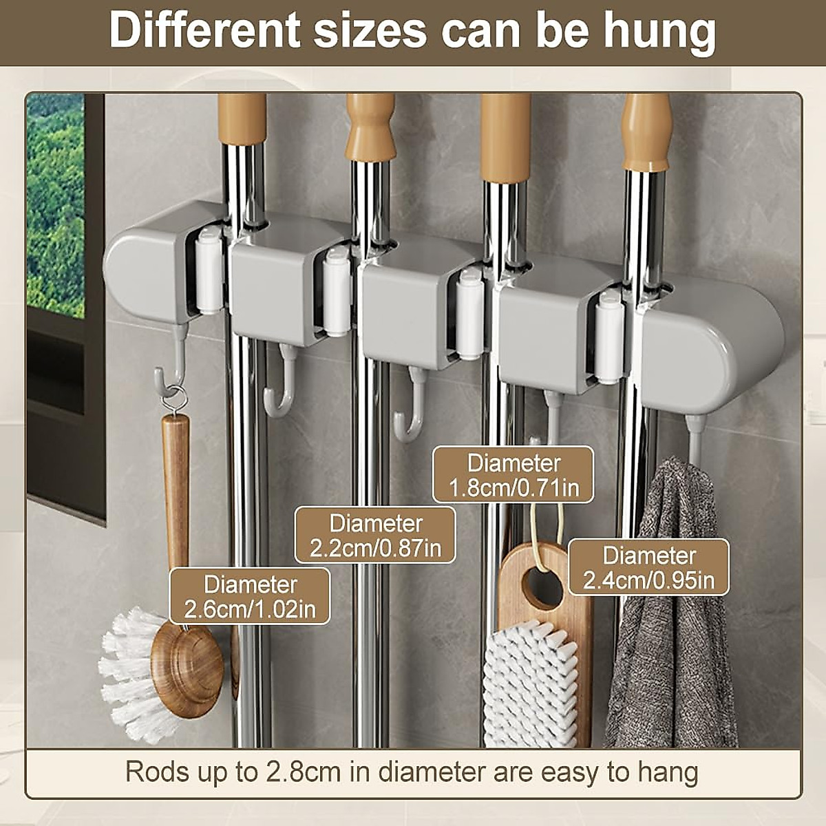 Multifunctional Mop Holder with Hook, 2024 New Punch Free Mop and Broom Holder Wall Mount Broom Rack, Broom Organizer Storage Tool Racks Heavy Duty Self Adhesive Mop Holder Wall Mounted (White)