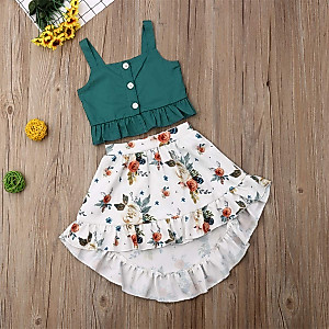 Toddler Baby Girls Ruffle Strap Top+Boho Floral Skirt Summer Outfit Clothes Two Piece Set (Green Crop Top+White Floral Skirt, 3-4T)