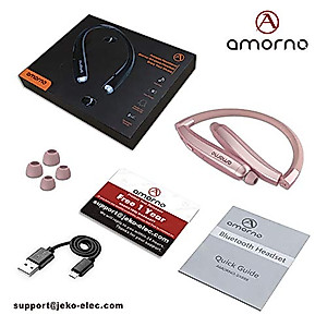 AMORNO Foldable Bluetooth Headphones, Wireless Neckband Sports Headset with Retractable Earbuds, Sweatproof Noise Cancelling Stereo Earphones with Mic & Carrying Case (Gold)