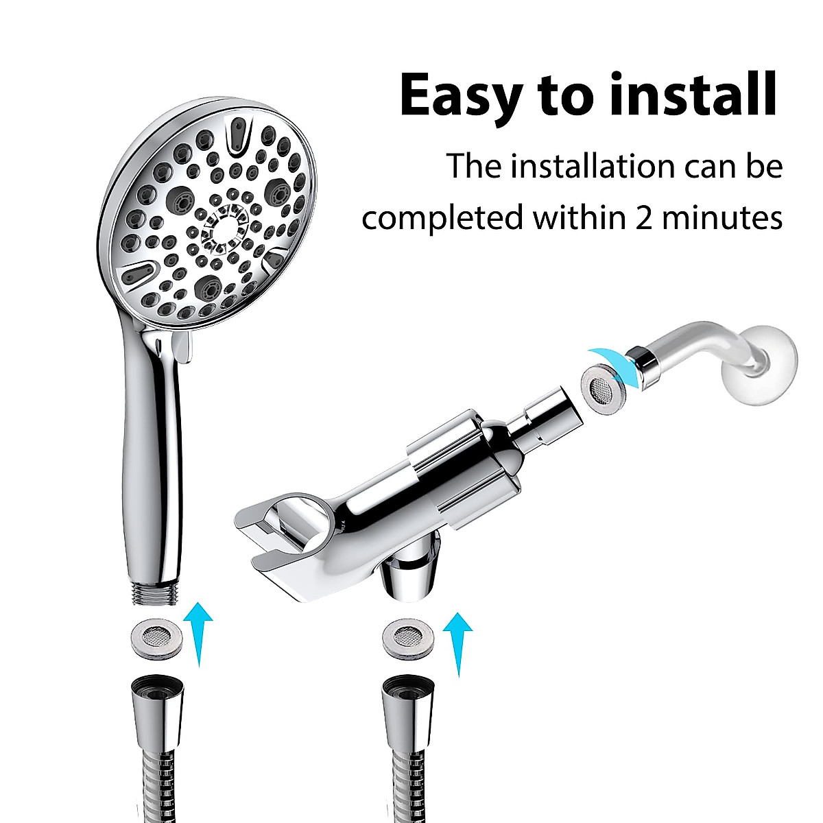 Shower Head with Handheld High Pressure - 59” Stainless Steel Hose Holder to Clean Tub Tile Pets - 10 Models Showerhead - All Chrome Finish