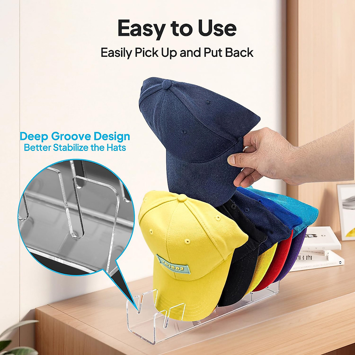 NEWFLY Hat Stand for Baseball Caps, 2 PCS Acrylic Hat Organizer for 14 Caps, No Install Baseball Hat Rack Hat Storage Holder, Hat Oragnizer Shelf Display for Closet Bedroom Dresser(Clear)