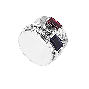 Blue Sapphire Red Ruby Spinner ring Gemstone Spinning Mantra Anxiety Texture ring 925 Silver jewelry (11)