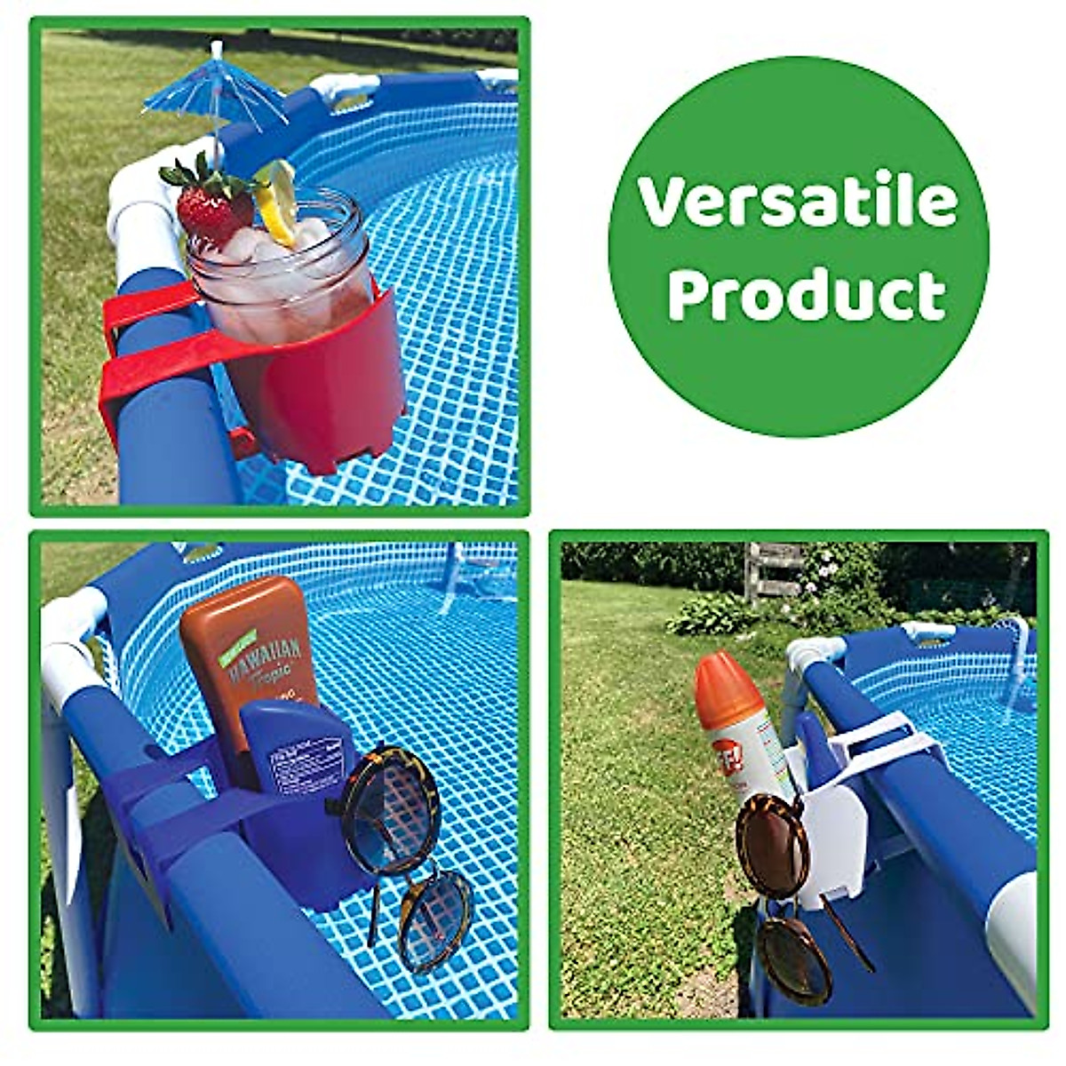 Storage Theory Plastic Cup Holder Set for Above Ground Swimming Pool - 4 Cup Holders for Drinks, Cups and Accessories - Fits 2” or Less Round Bar Top Rails - Blue