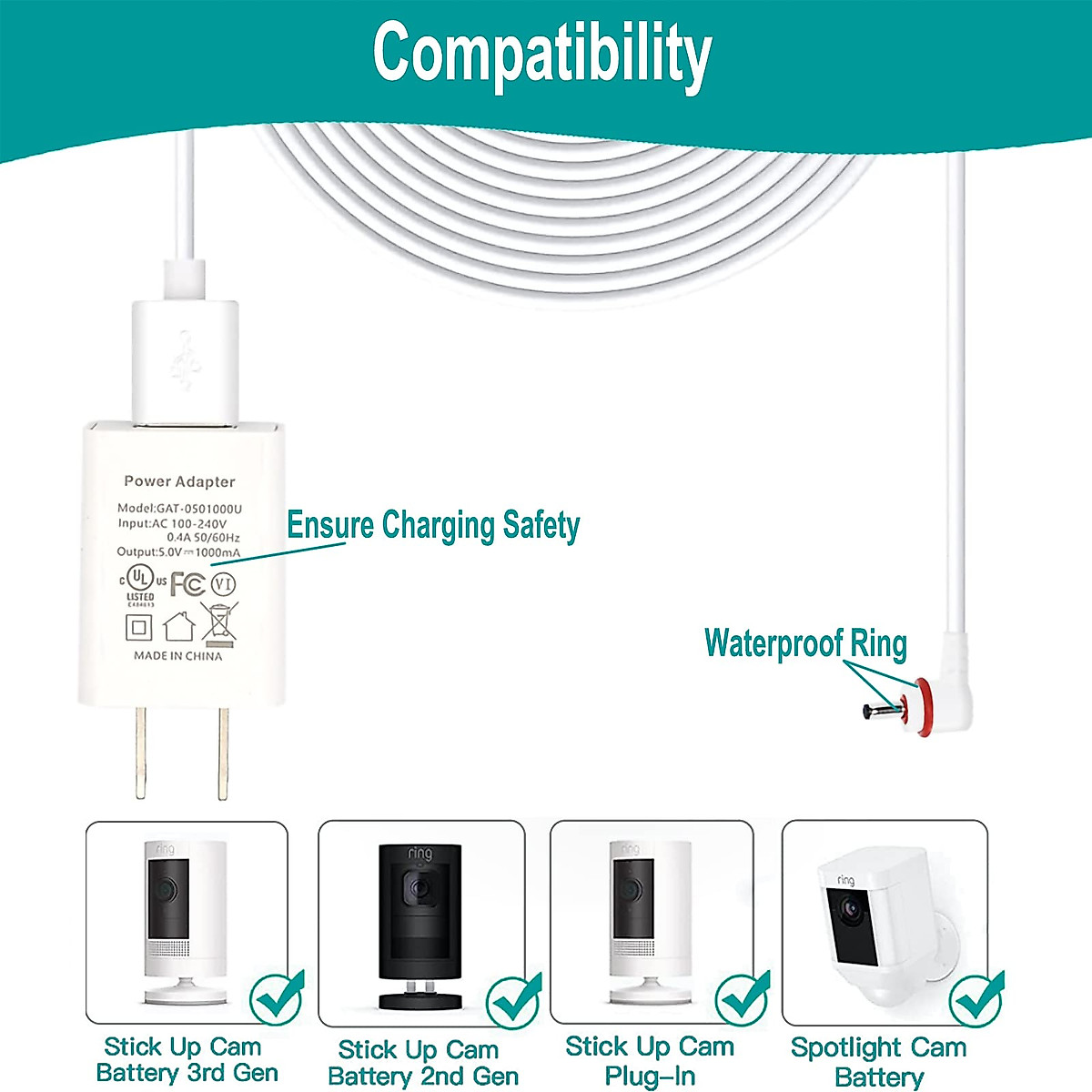 Charging Cable Adapter Barrel Plug for Stick Up Cam Battery/Plug-in 3rd / 2nd Gen & Spotlight Cam Battery, 16Ft /5M Power Charger Cable 3.5mm DC 5V 1A Weatherproof Continuous Charging
