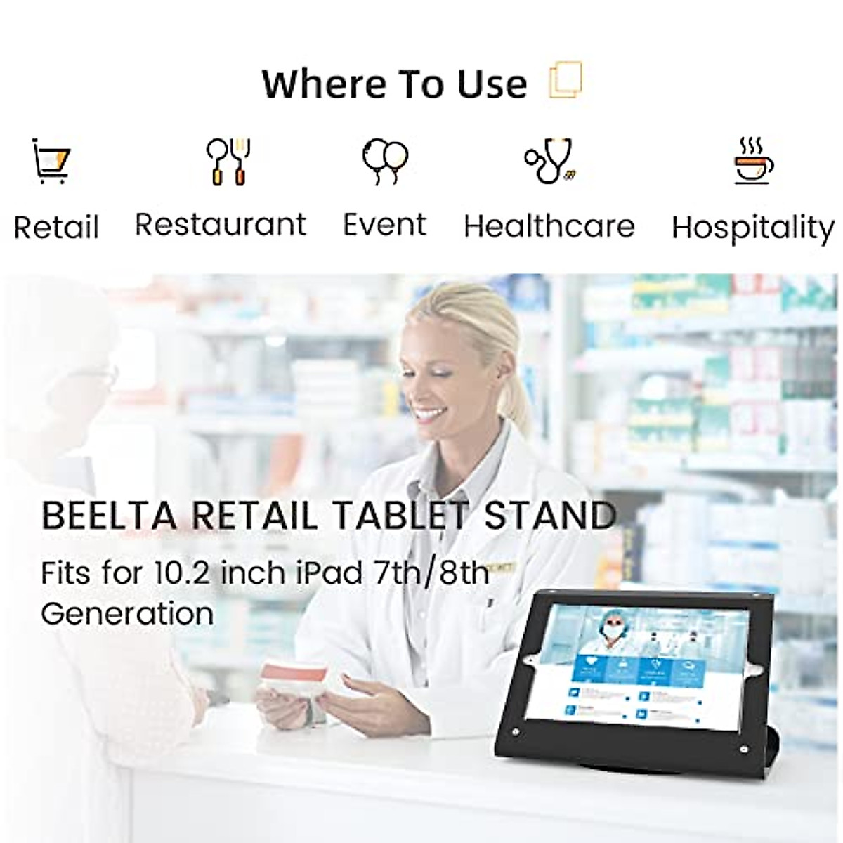 Beelta Tablet Kiosk POS Stand Compatible 10.2” iPad 7 8 9 Generation with 360 Swivel Base