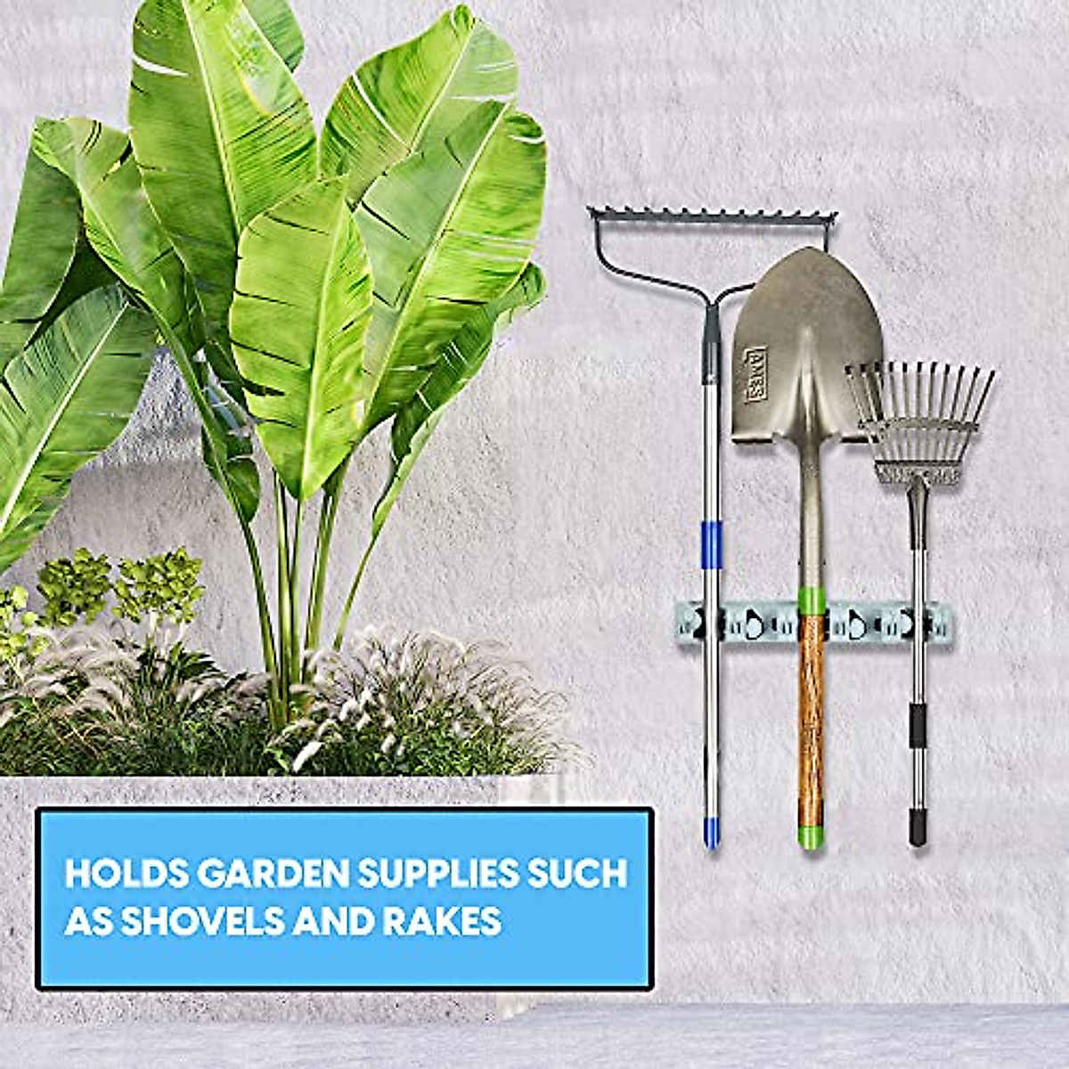 INNOVATEX Garage Tool Storage Rack Mop and Broom Holder Wall Mount Organizer, 5 Clamp Hanger Slots for Rakes, Shovels, Garden Yard Tools, Kitchen and Utility Use, 6 Hanging Hooks for Small Items