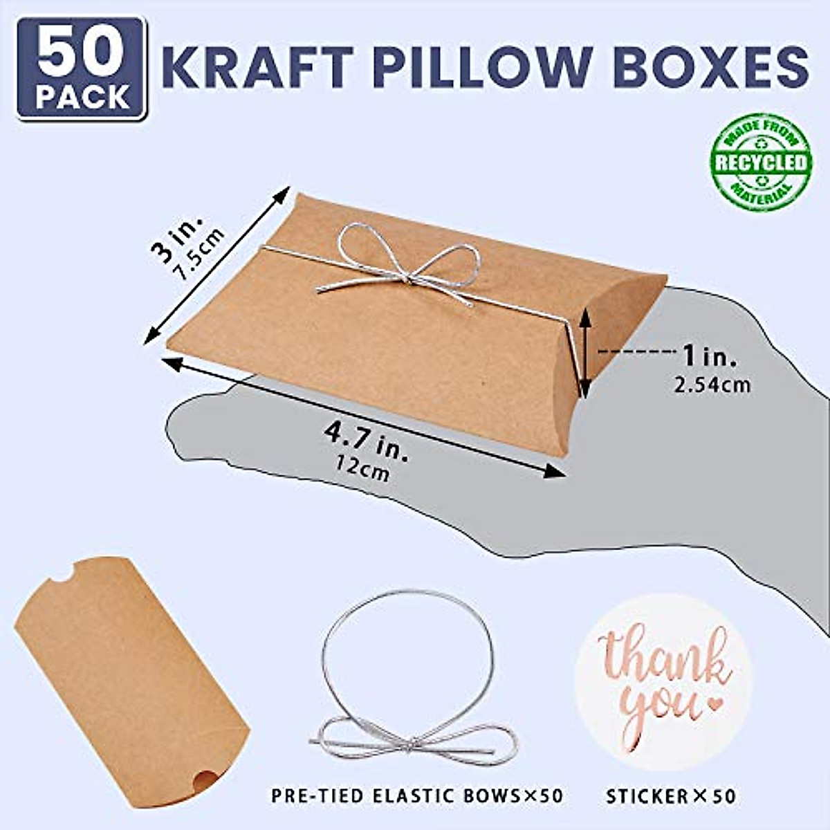 Second Angel 50 Kraft Paper Pillow Boxes With 50 Silver Elastic Tie for Wedding Party Favors, Jewelry, Candy, Soap & Present, Gift Card Holder, Small Gift Boxes, Recycled homemade Packaging