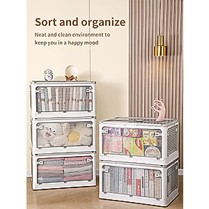 JOYBOS Stackable Storage Bins with Lid and Wheels, 3 Pack 21Gal Plastic Collapsible Storage Bins, Closet Organizers and Storage Large Folding Storage Boxes with Five Doors, Suitable for Home, Office
