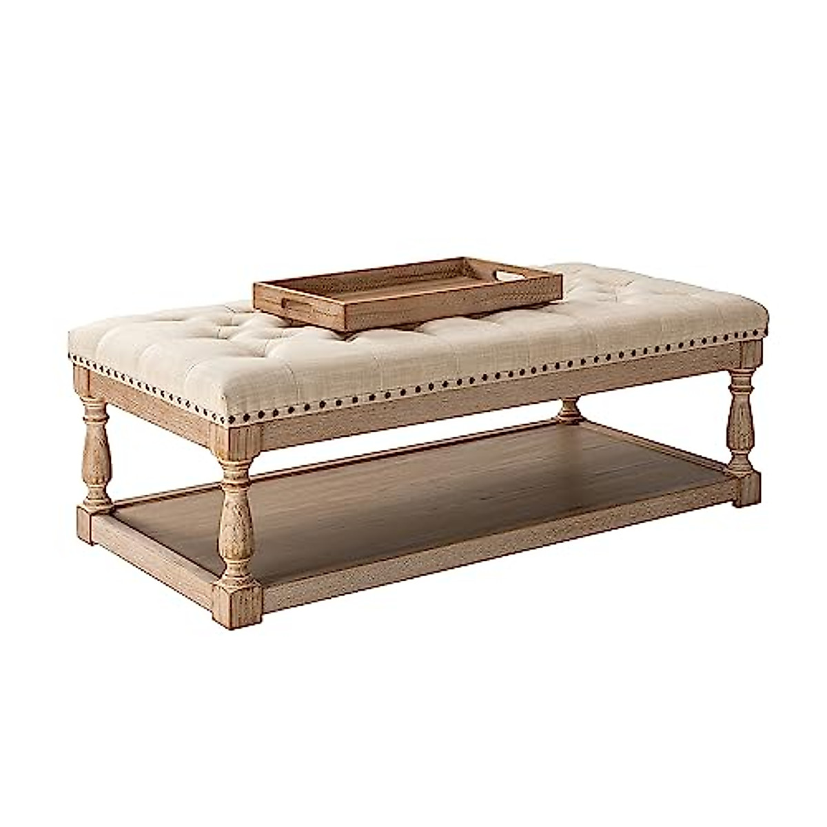 HULALA HOME Rectangle Ottoman Coffee Table with Tray, Tufted Living Room Ottoman with Solid Wood Storage Shelf, Upholstered Large Footrest Ottoman - Linen