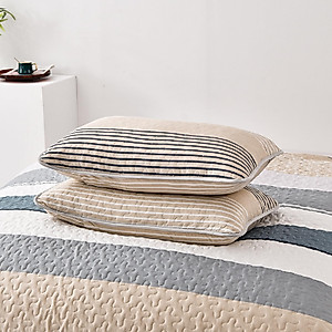 Dinjoy Grey Boho Quilt King Striped Khaki Bedspread Lightweight Boho 3 Pieces Reversible Quilt Set Micofiber Farmhouse Quilt Set with 2 Pillowcases for All Seasons Fall (Gray Striped Quilt)