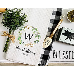Personalized Wreath Monogram Tea Towel, Waffle Weave Tea Towel, Housewarming Gift, Farmhouse Decor, Wedding Gift