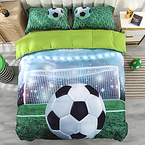 ENJOHOS Green Kids Duvet Cover Queen, 3 Piece 3D Soccer Bedding for All Season, Sports Theme Microfiber Comforter Cover Set with 2 Pillowcase（No Comforter No Fitted Sheet）