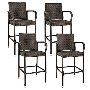 ZenStyle Set of 4 Rattan Style Barstool Brown Wicker Patio Bar Stool Indoor Outdoor with Footrest & Armrest