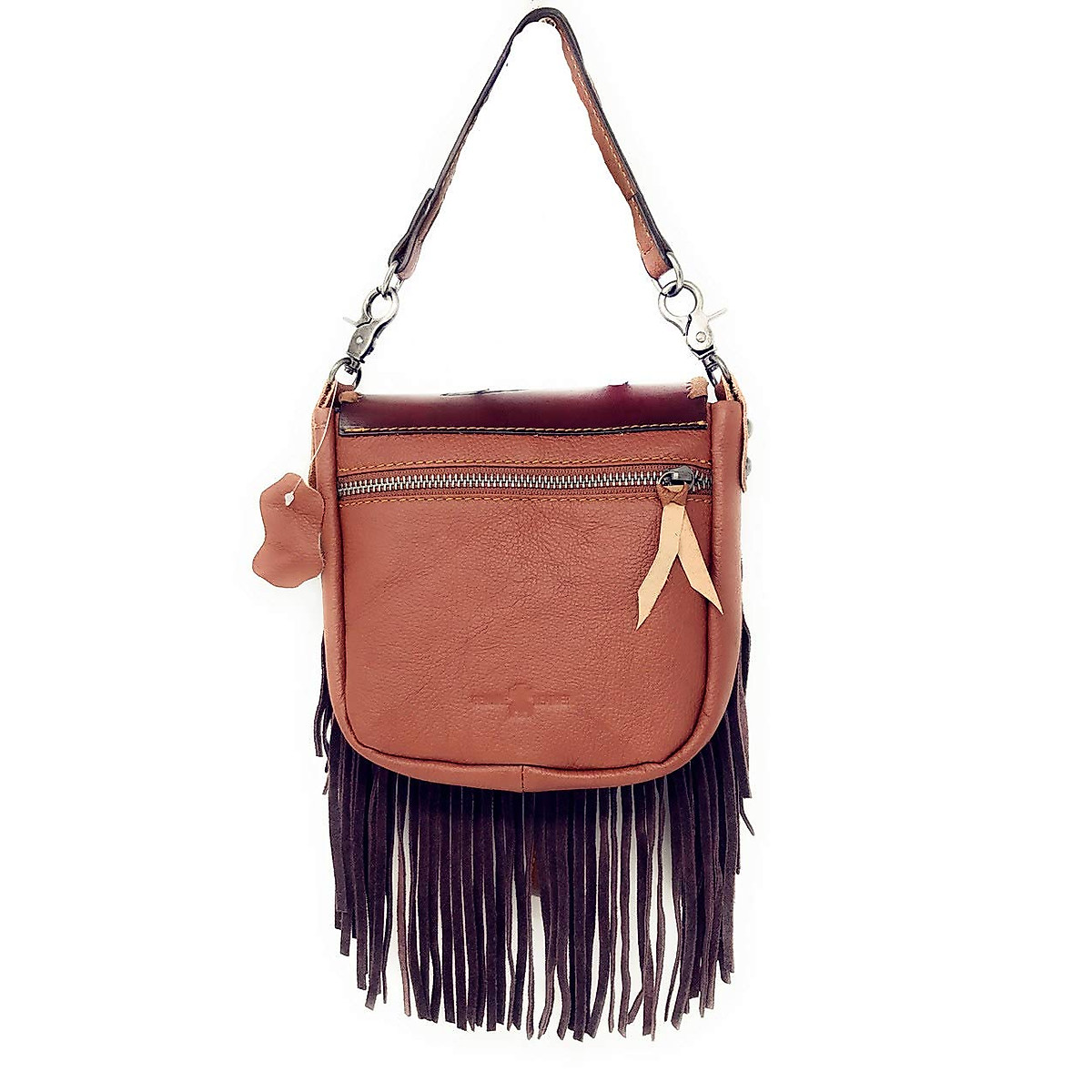 Western Genuine Leather Indian Head Cowgirl Crossbody Messenger Fringe Purse Bag in 4 colors (Brown)