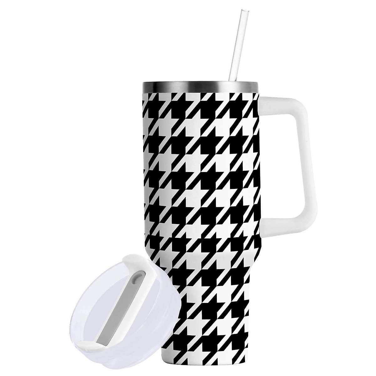 ZZXXB Black and White Houndstooth Insulated Stainless Steel Water Bottle with Handle and Straw Lid Double Walled Travel Mug 40 oz