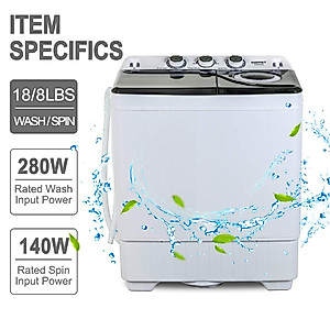 KUPPET Compact Twin Tub Portable Mini Washing Machine 26lbs Capacity, Washer(18lbs)&Spiner(8lbs)/Built-in Drain Pump/Semi-Automatic (White&Gray)