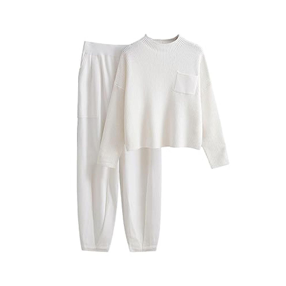 Bianstore Women's Two Piece Outfits Long Sleeve Knit Top Fall Sweater Set Loose Pants Sweatsuit Lounge Sets(PureWhite-M)