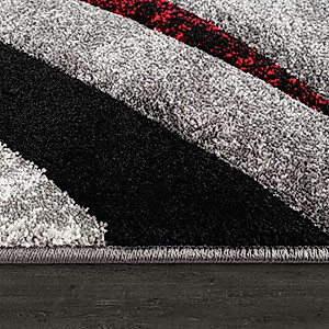 Paco Home Designer Rug with Contour Cut Striped Model in Grey Black and Red Mixture, Size:5'3" x 7'7"