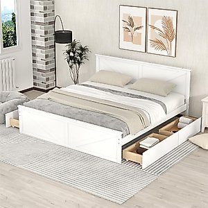BIADNBZ King Size Wooden Platform Bed Frame with Headboard,Four Storage Drawers and Support Legs for Bedroom Guest Room,No Box Spring Needed,White