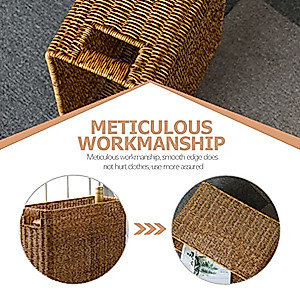 Zerodeko Imitation Rattan Hand Woven Magazine Basket, with Handles, Plastic Storage Basket Magazine Wicker Basket Hollow Handle Basket Desktop Magazine Holder