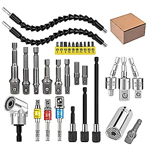 32pcs Flexible Drill Bit Extension Set, Rotatable Joint Socket 1/4 3/8 1/2 Inch Hex Socket Adapter, 105°Right Angle Drill Attachmen, Bendable Drill Bit Extension Screwdriver Kit with a Box (Silvery)