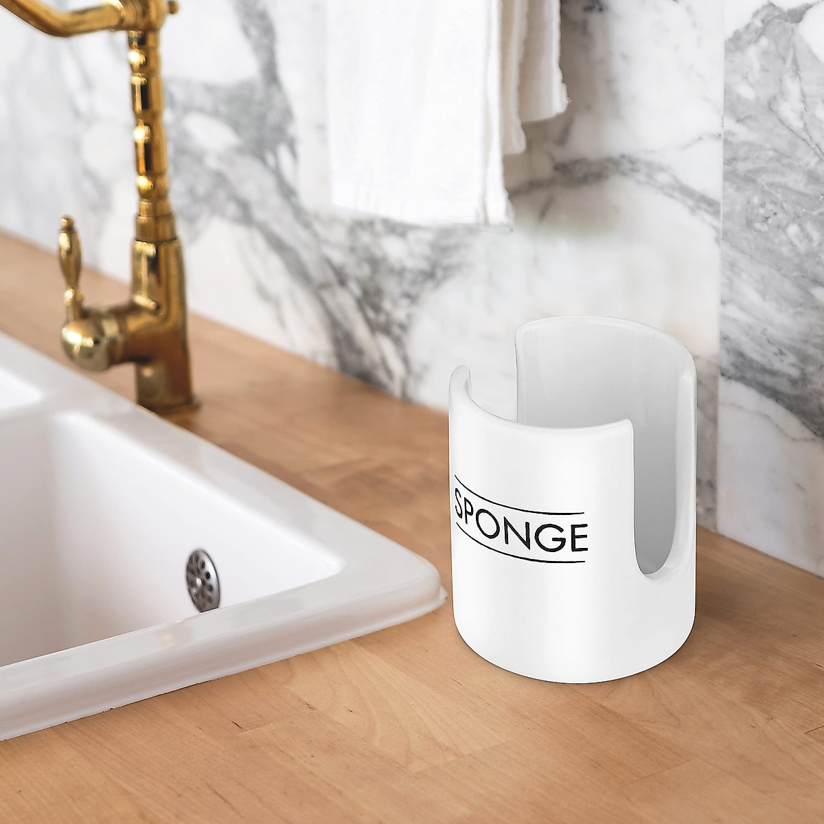 Sponge Holder for Sink - Dish Sponge Caddy for Kitchen Sink with Sponge - Farmhouse Sink Sponge Holder made of White Ceramic Porcelain - Kitchen Sink Organizer for Sink Accessories