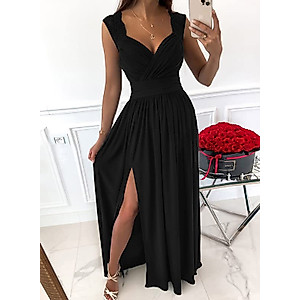 Dokotoo Womens Ladies Elegant Floor Length A Line Wrap Deep V Neck Backless Ruched Pleated Ruffled Split Long Maxi Formal Evening Party Prom Dress Bridesmaid Wedding Guest Dresses Black M