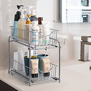MOOACE 2 Pack Stackable 2-Tier Under Sink Cabinet Organizer with Sliding Storage Drawer, Sliding Basket Organizer for Kitchen, Bathroom, Pantry, Cabinet, Silver