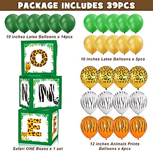 Jungle Animals Wild One Balloons Boxes Decoration Safari First Birthday Backdrop Blocks Decor for Baby Boys Girls B-Day Party Supplies Milestone One Year Anniversary Celebration Favor Ideas Set of 39