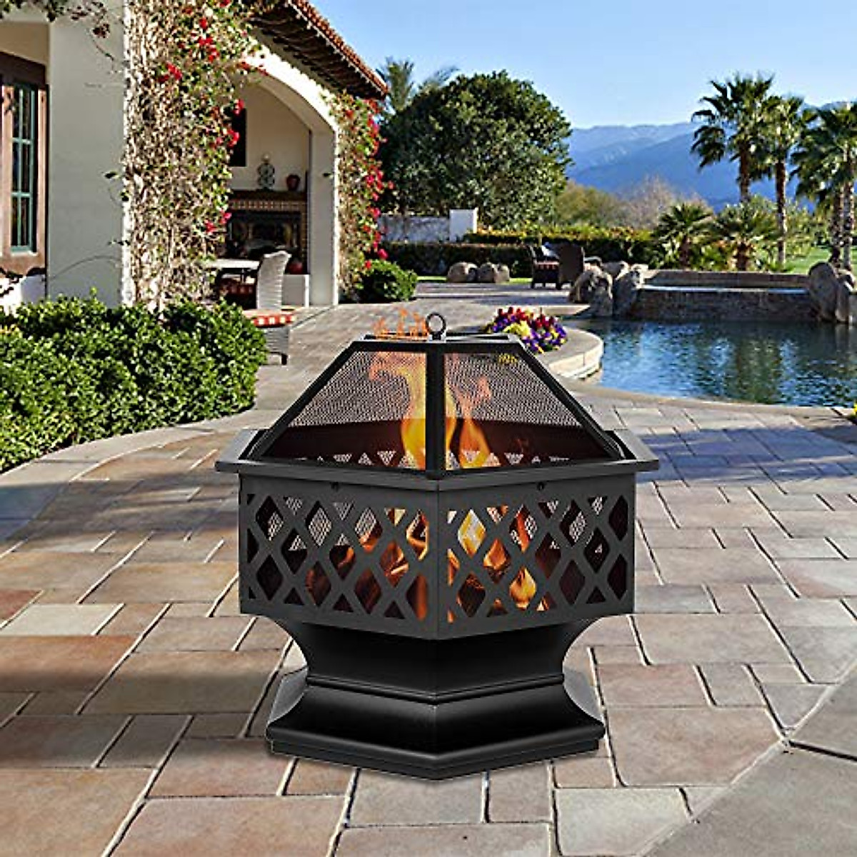 Douup 24-Inch Outdoor Fire Pit with Mesh Screen and Poker Hex Shaped Metal Wood Burning Bonfire Pit for Outdoor Camping Patio Backyard Garden - 8" Deep Bowl
