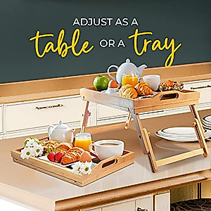 KEEKR Bed Tray with Adjustable Height for Eating - Portable Food Table for Serving Breakfast in Bed - Dining Caddy with Locking Legs, Carrying Handles, 100% Made of Bamboo