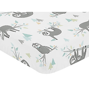 Sweet Jojo Designs Blue and Grey Jungle Sloth Leaf Unisex Boy or Girl Baby or Toddler Nursery Fitted Crib Sheet - Turquoise, Gray and Green Botanical Rainforest