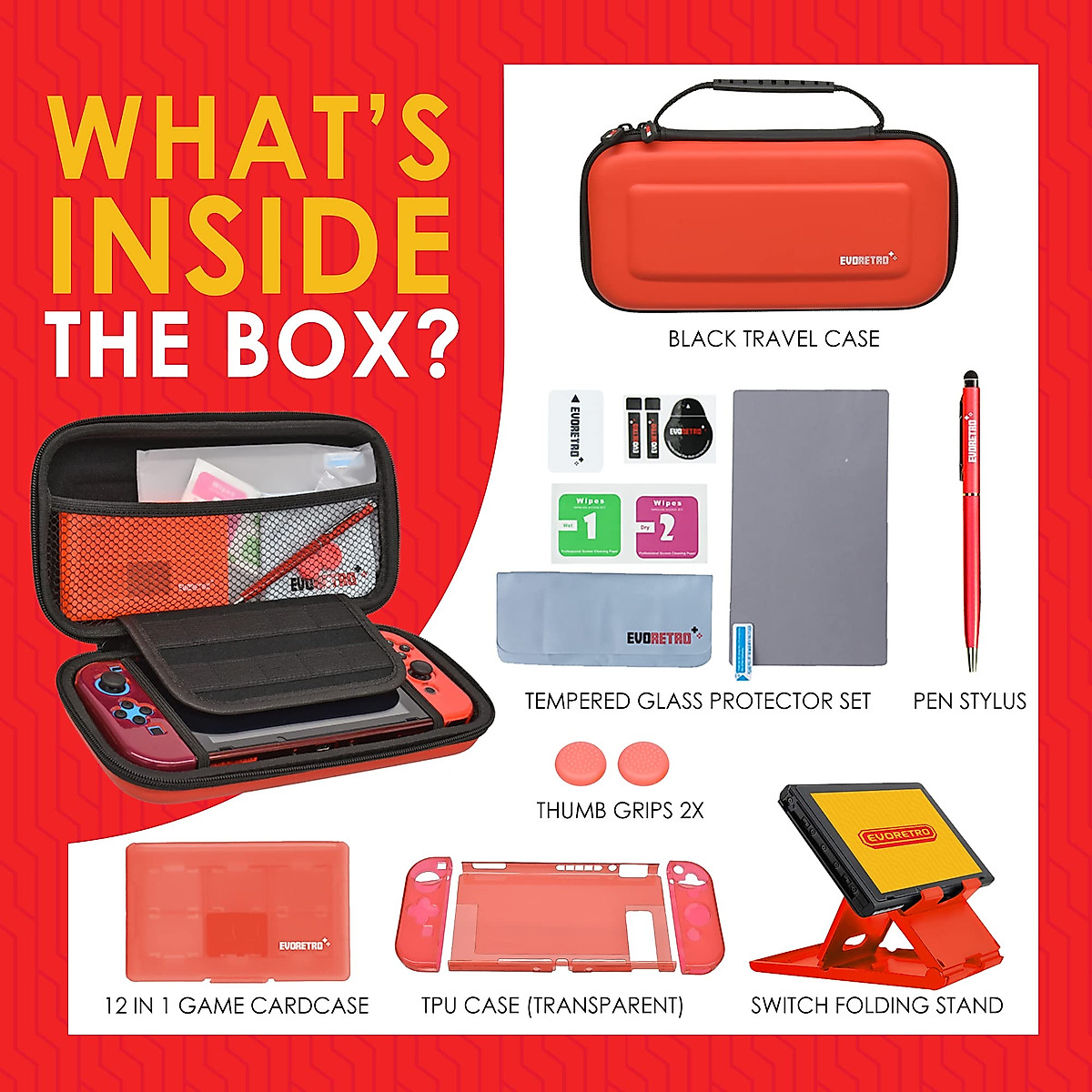 Switch Accessories Kit compatible for Nintendo Switch - Black | Bundle Set compatible with Super mario bros, Switch Sports, Fortnite, Animal Crossing, Minecraft, Pokemon, Zelda (12 in 1 set - Red)